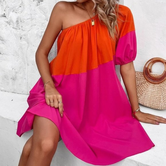 Dresses | Multicolor Preppy Womens Colorblock One Shoulder Puff Sleeve ...